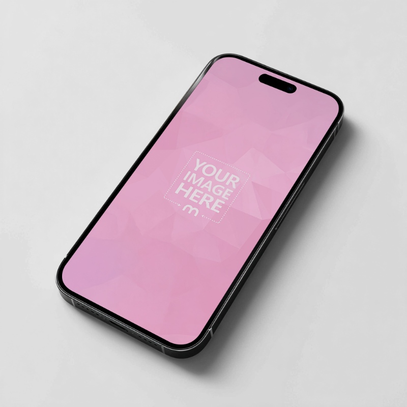 iPhone Mockup Lying at Angle on Clean White Surface - Mediamodifier