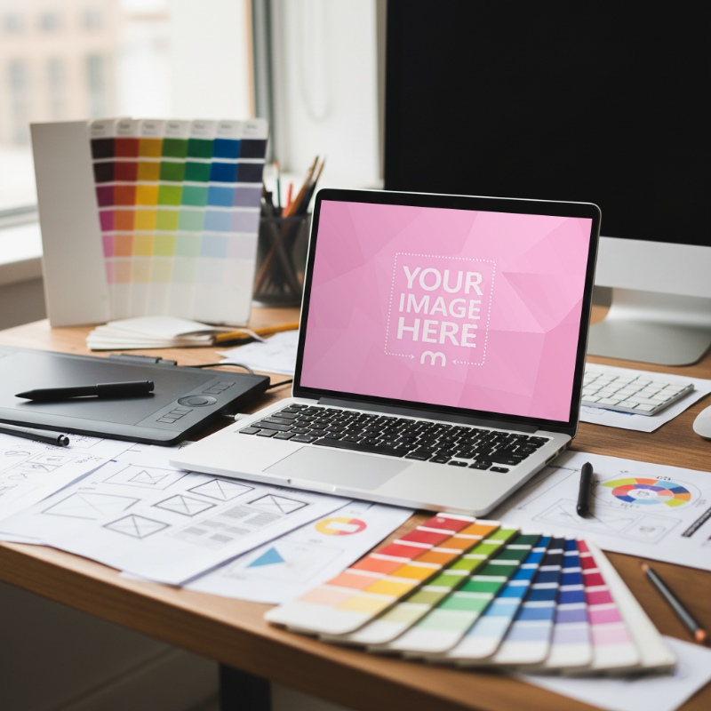 Laptop Mockup on Designer Desk with Color Palate - Mediamodifier